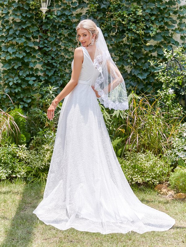 Mesh Detail Lace Floor Length Wedding Dress Without Veil | SHEIN UK