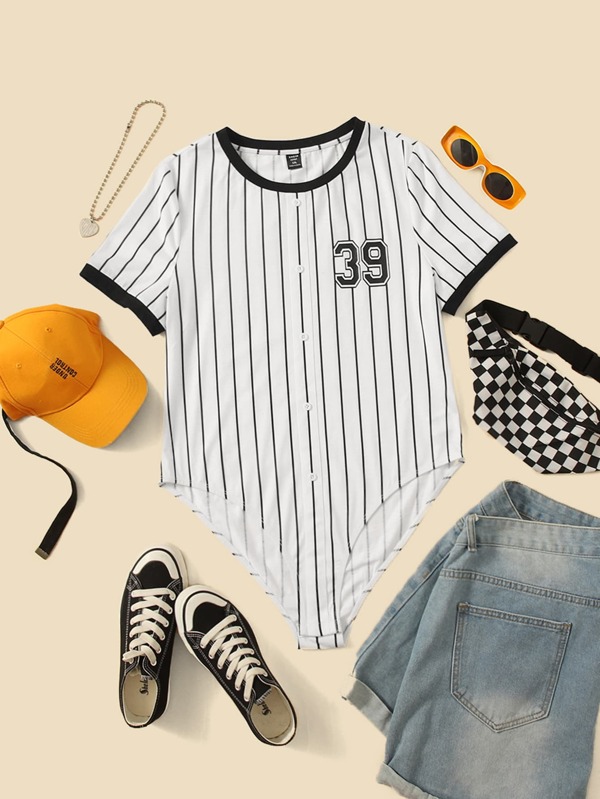 Shein Ezwear Body Estilo Camiseta Con Estampado De Rayas And De Número
