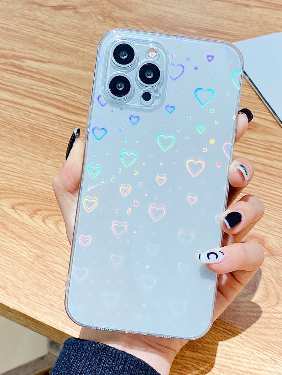 2000s Fashion Y2K Heart Print Transparent Case With Hearts Soft Colorful Laser Cover Flower ...