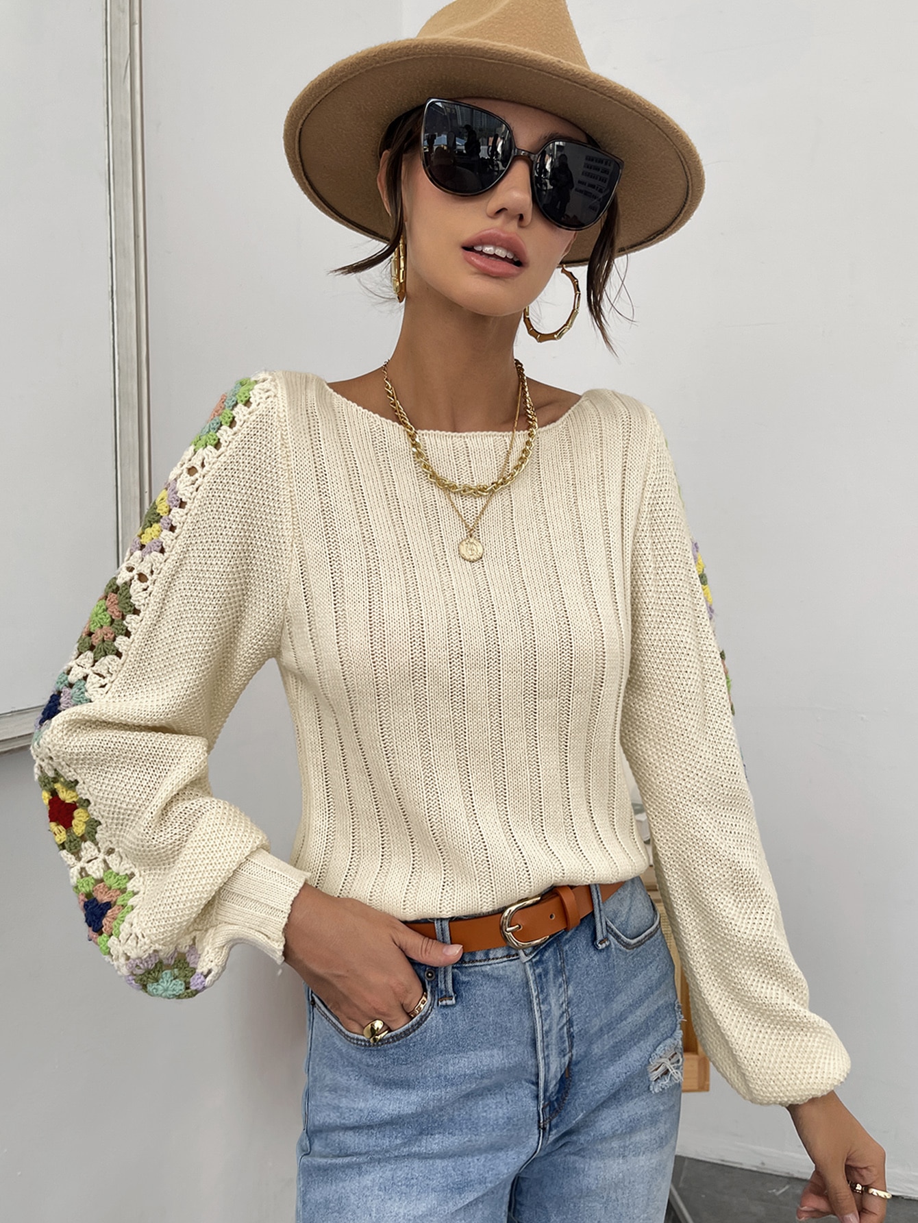 SHEIN Privé Floral Pattern Lantern Sleeve Jumper | SHEIN UK