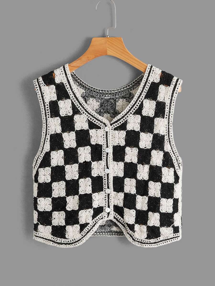 Comfortcana Checkered Pattern Asymmetrical Hem Button Up Sweater Vest ...