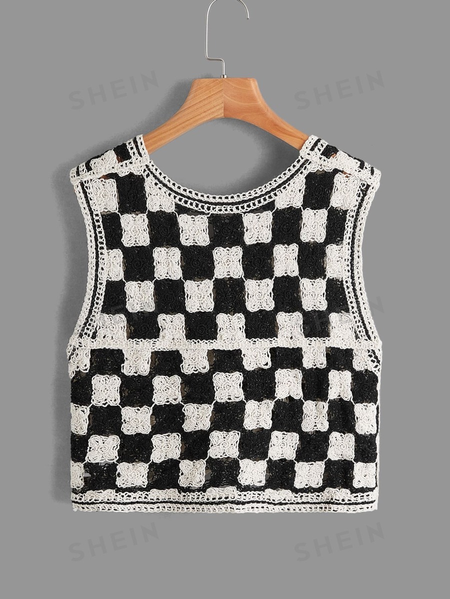 SHEIN EZwear Checkered Pattern Asymmetrical Hem Button Up Sweater Vest ...