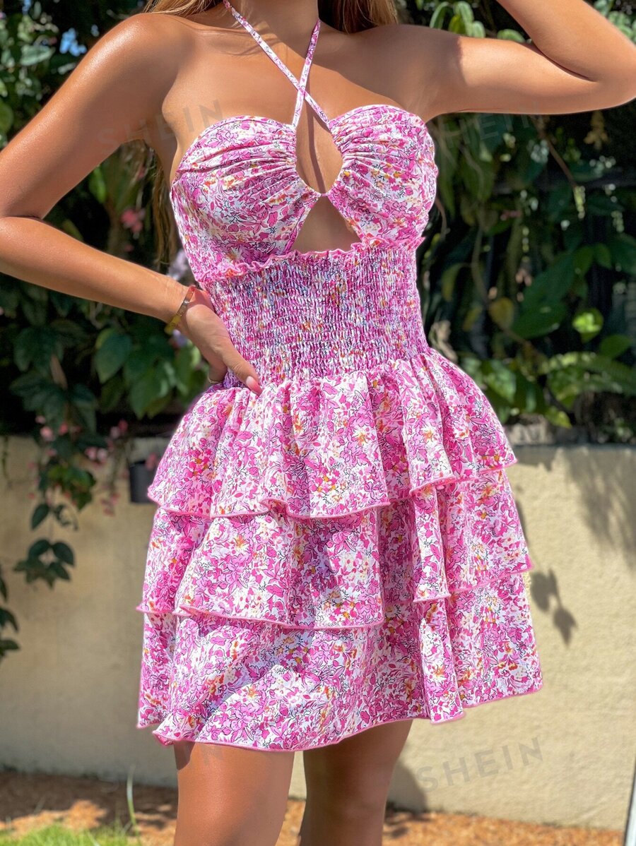 Shein Wywh Ditsy Floral Print Shirred Crisscross Backless Two Layer Hem