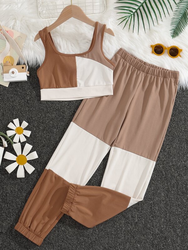 SHEIN Kids HYPEME Girls Colorblock Crop Tank Top & Crop Hoodie ...