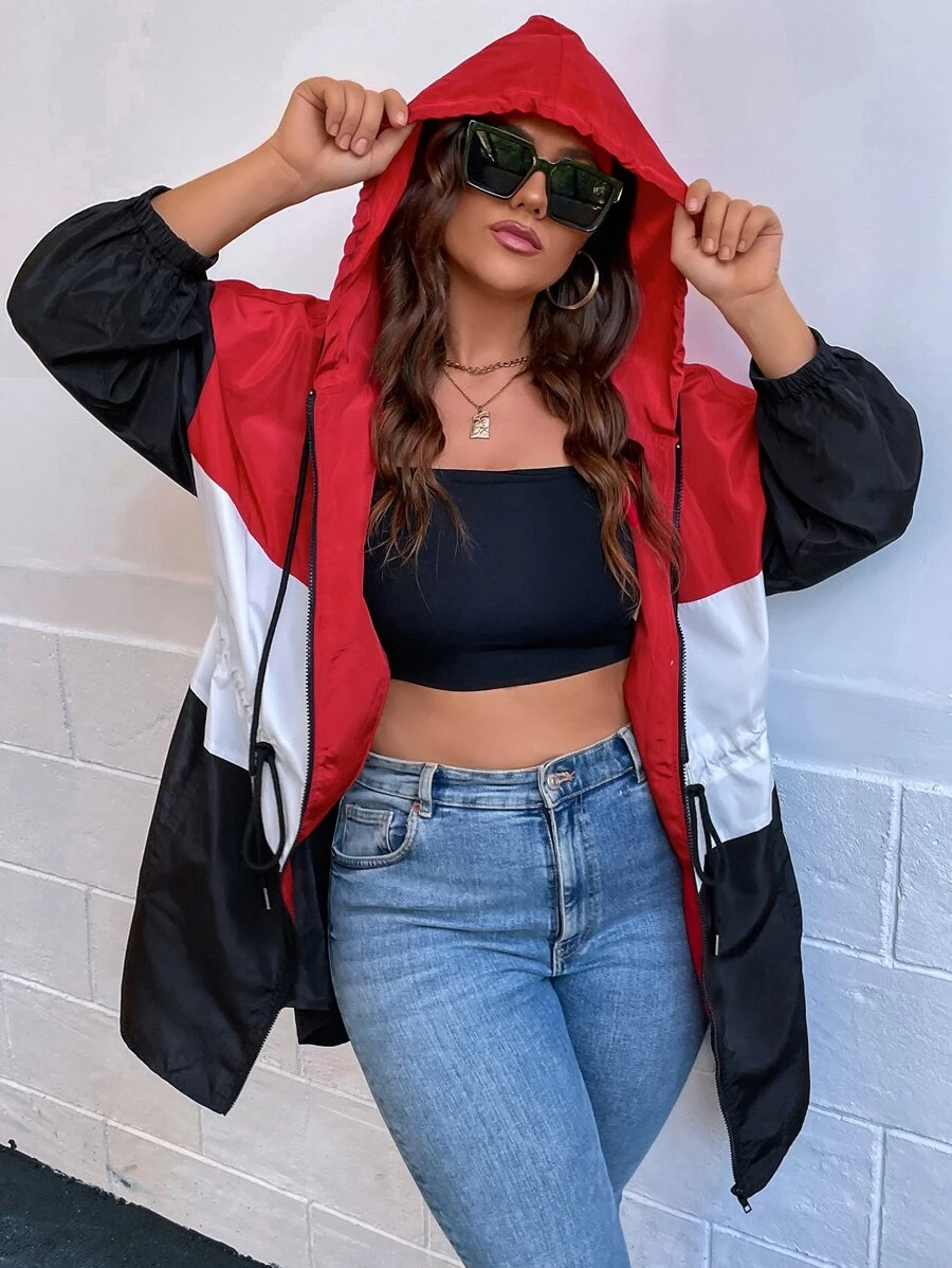 SHEIN EZwear Plus Colorblock Drop Shoulder Drawstring Hooded ...