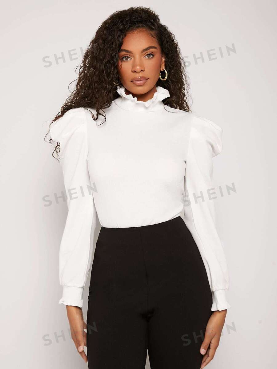 Evolushein Frill Trim High Neck Gigot Sleeve Tee Shein Usa