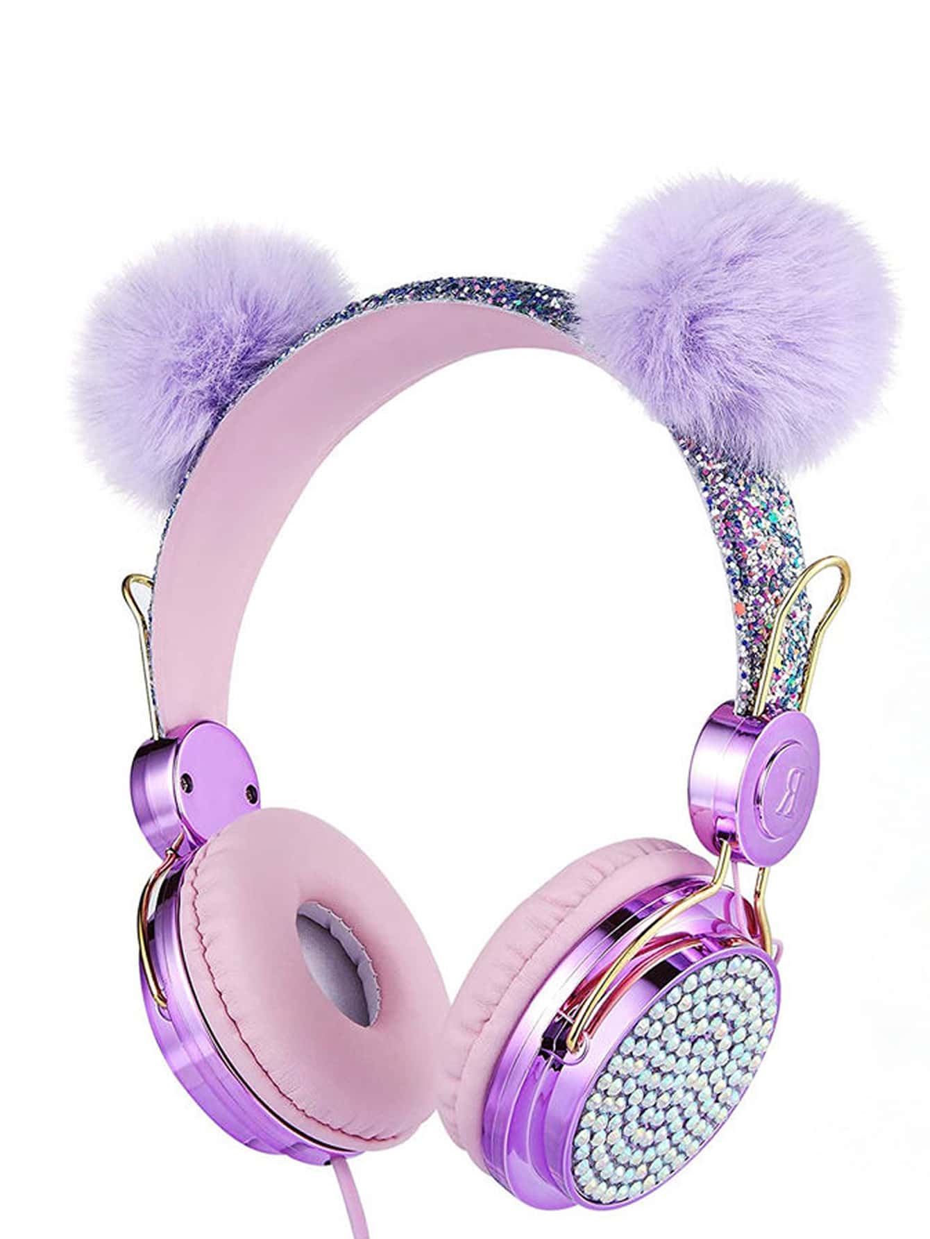 Kids Ear Design Rhinestone Decor Wired Headset