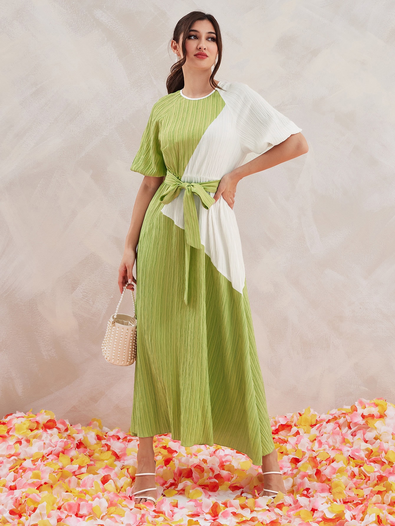 SHEIN Mulvari Puff Sleeve Self Belted Colourblock Dress | SHEIN UK