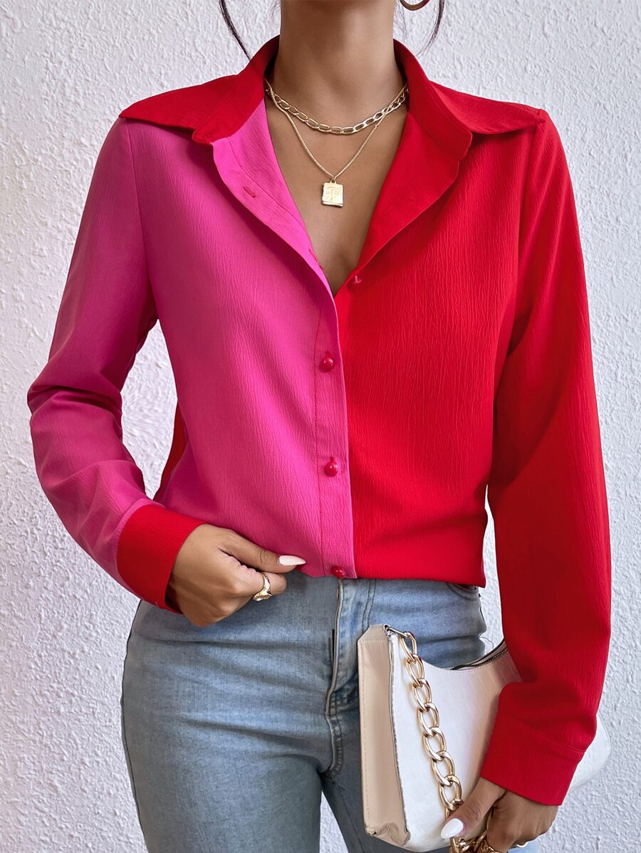 SHEIN Privé Colorblock Button Front Shirt | SHEIN USA