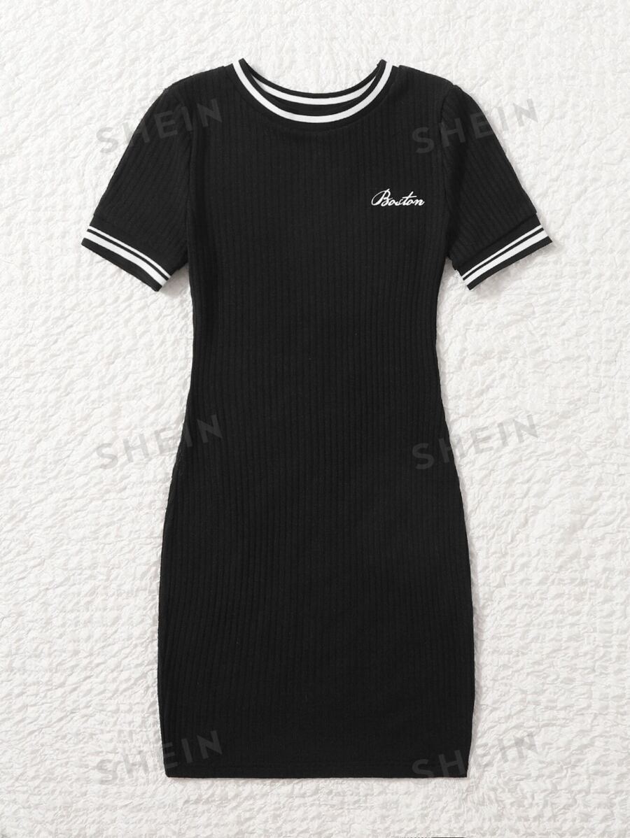 SHEIN EZwear Letter Embroidery Rib-knit Bodycon Dress | SHEIN UK