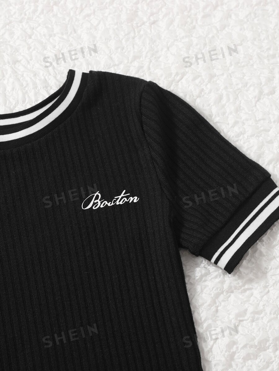 SHEIN EZwear Letter Embroidery Rib-knit Bodycon Dress | SHEIN UK