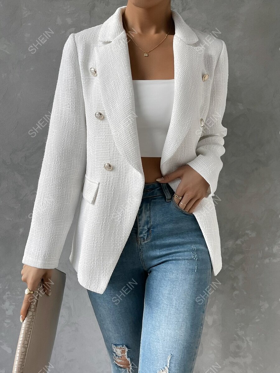 SHEIN Privé Double Breasted Flap Detail Blazer Without Belt | SHEIN UK