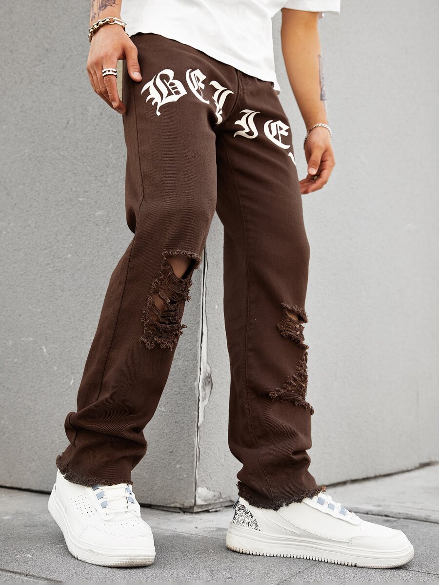 Manfinity Emrg Men Cotton Letter Graphic Ripped Raw Cut Straight Leg
