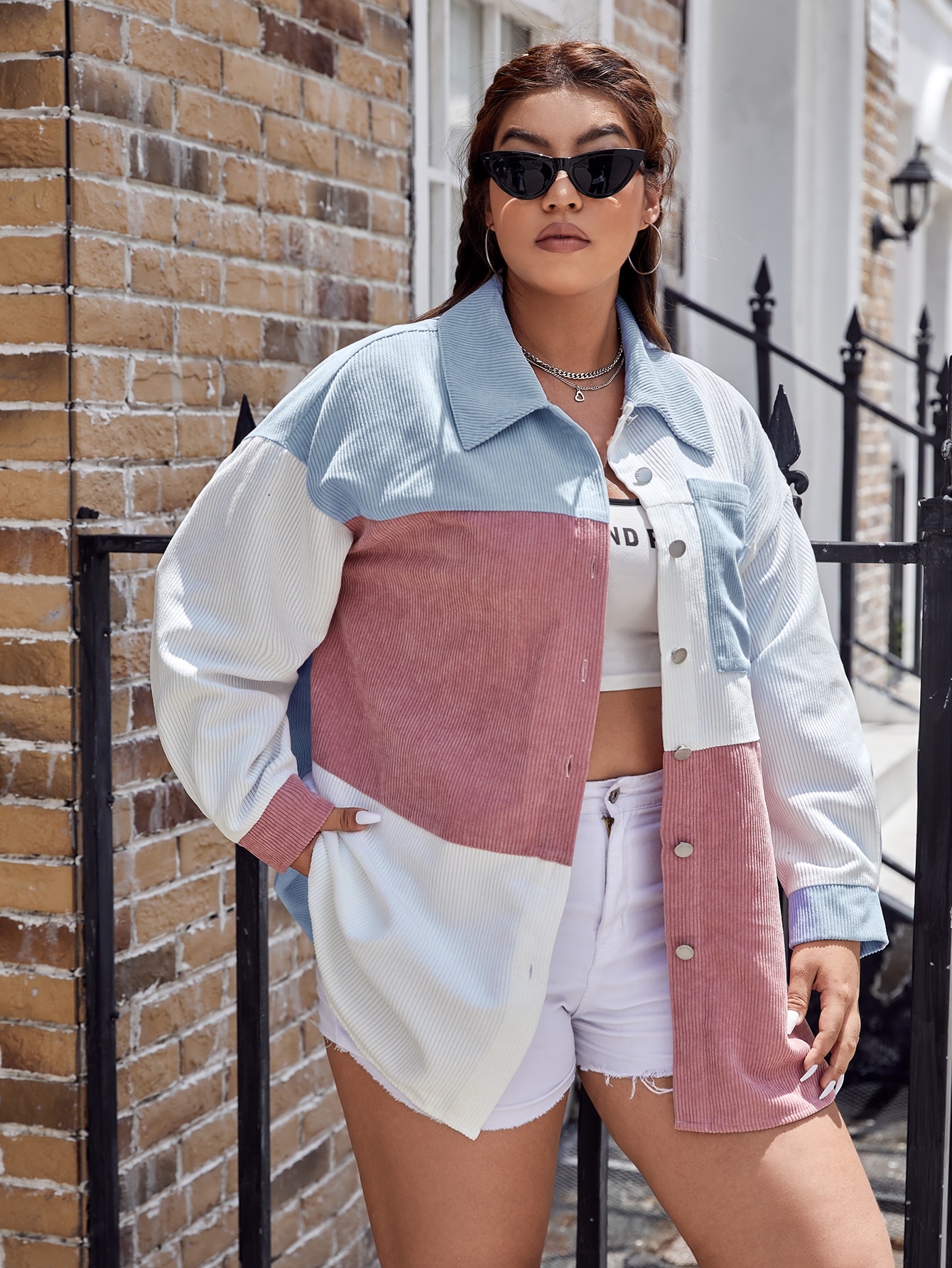 Shein Ezwear Plus Colour Block Patched Pocket Drop Shoulder Corduroy