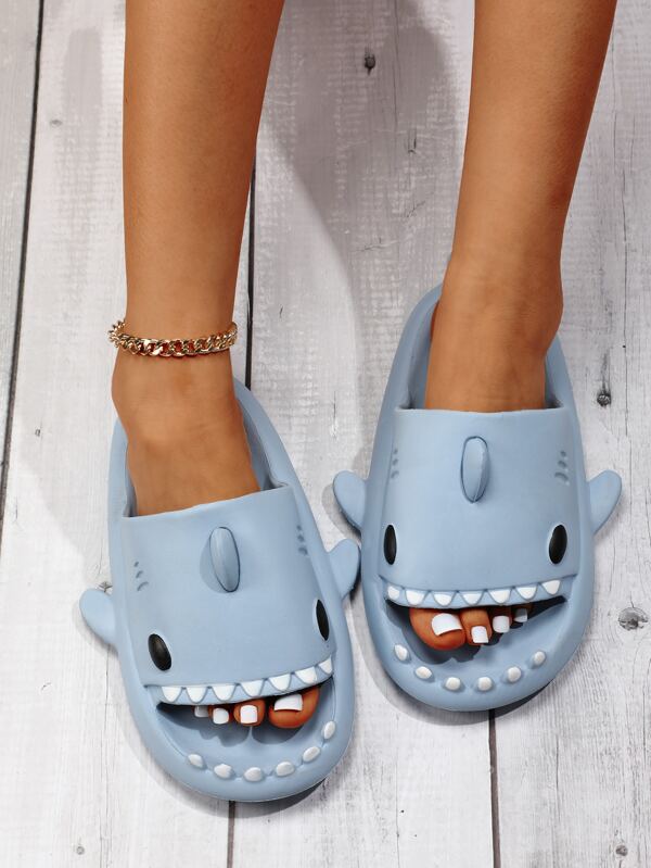 Women Blue Cartoon Shark Design Single Band Slides | SHEIN USA