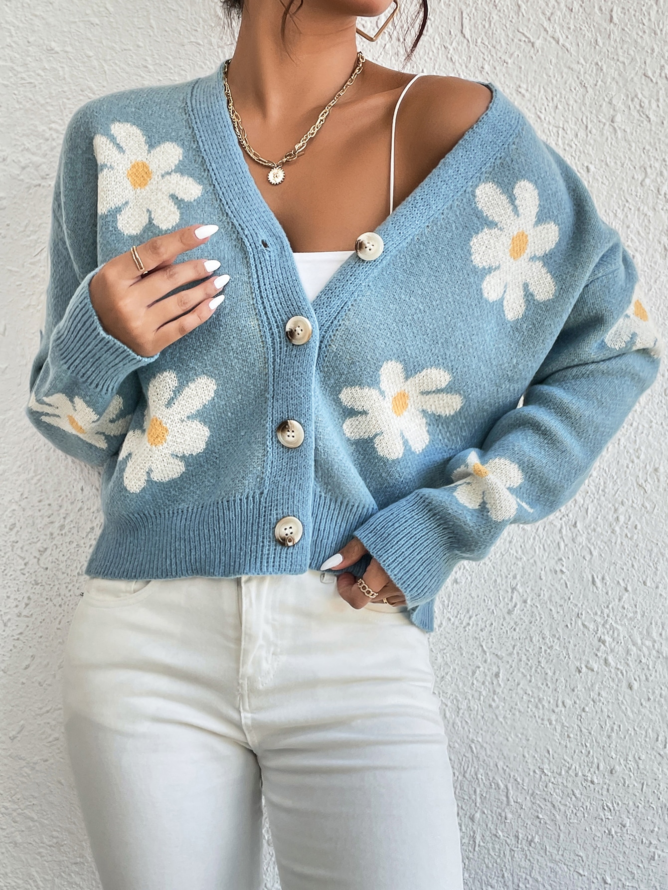 Floral Pattern Drop Shoulder Cardigan