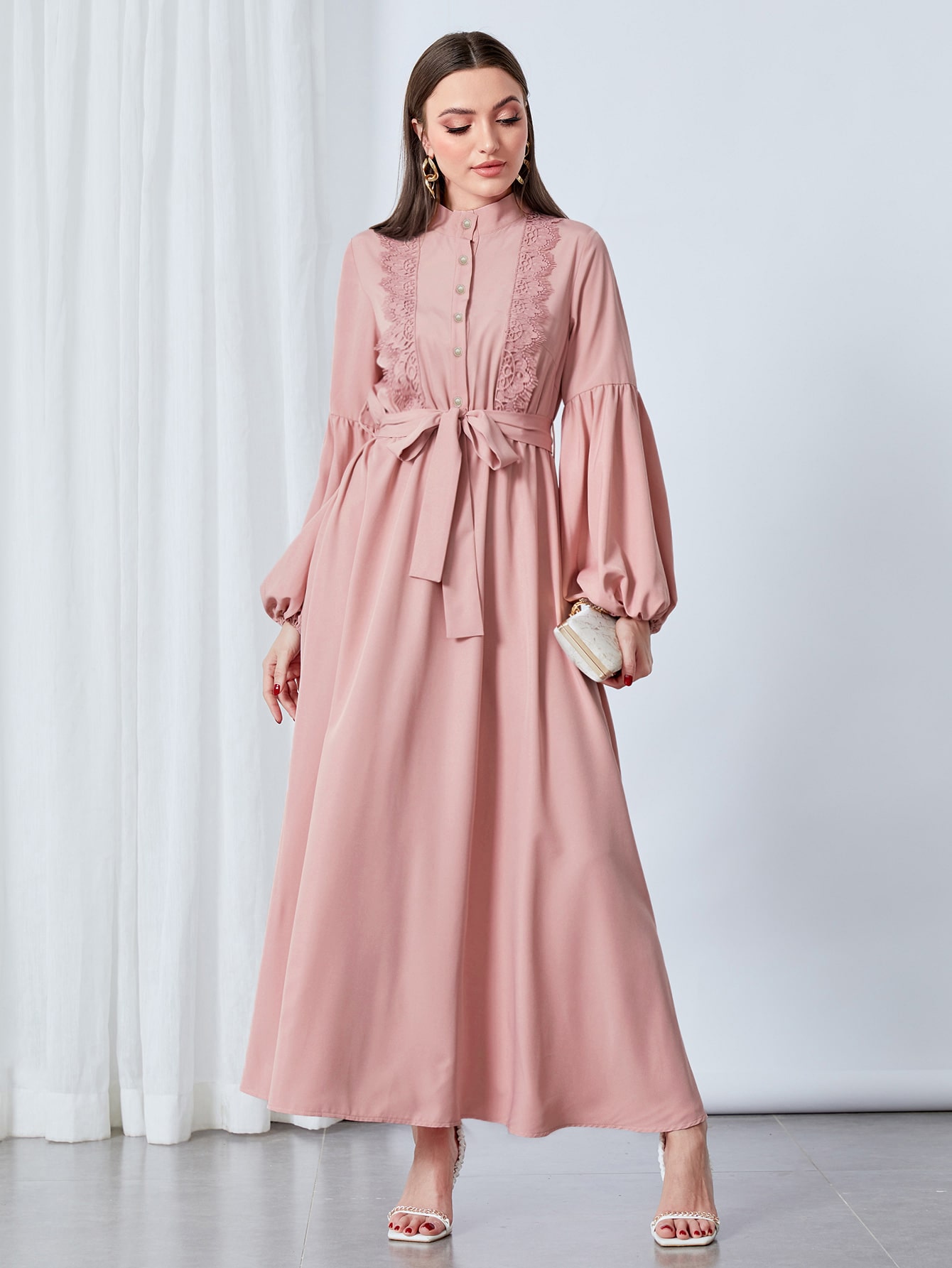 Shein Modely Guipure Lace Insert Bishop Sleeve Belted Dress Shein Uk