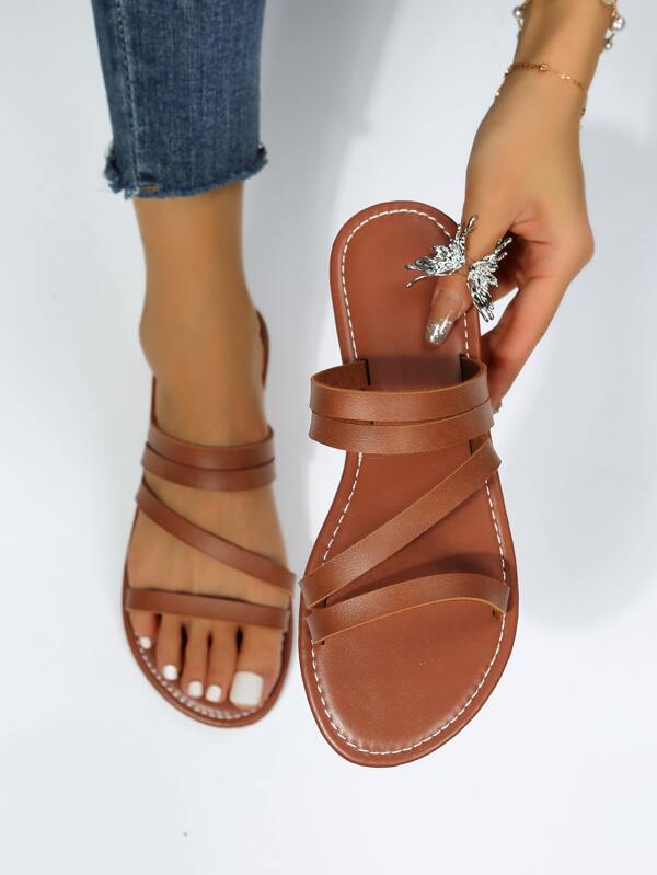 Women Thin Strap Slide Sandals, Elegant Solid Minimalist Outdoor Flat ...