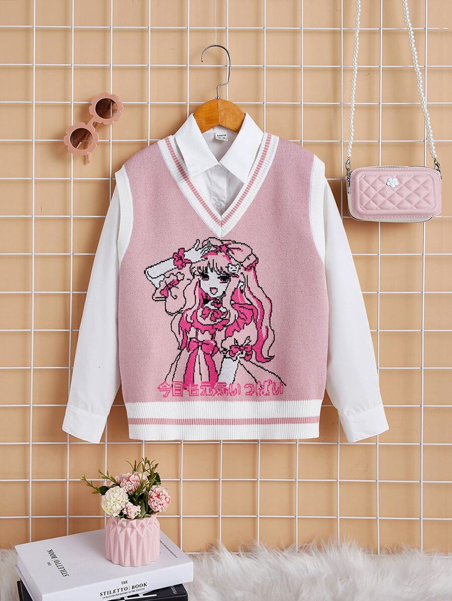 SHEIN Tween Girl 1pc Figure & Japanese Letter Pattern Contrast Trim ...