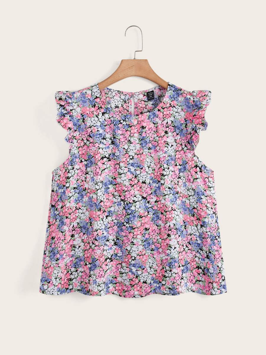 SHEIN VCAY Blusa floral de manga con volante de espalda con abertura de ojo | Moda de Mujer ...