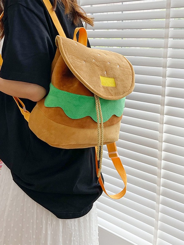 Lightweight Hamburger Design Backpack Purse, Cute Front Flap Drawstring ...