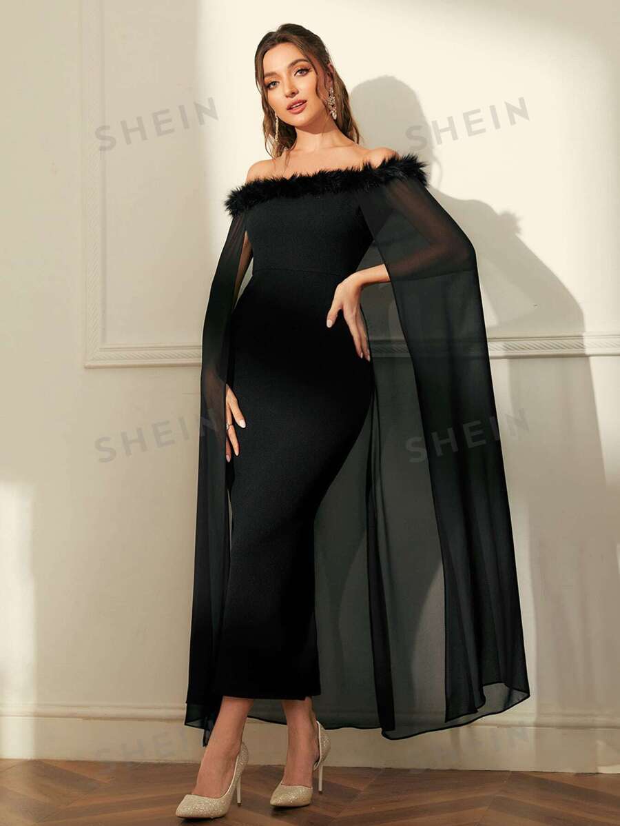 SHEIN Modely Off Shoulder Fuzzy Trim Split Thigh Chiffon Prom Dress | SHEIN UK