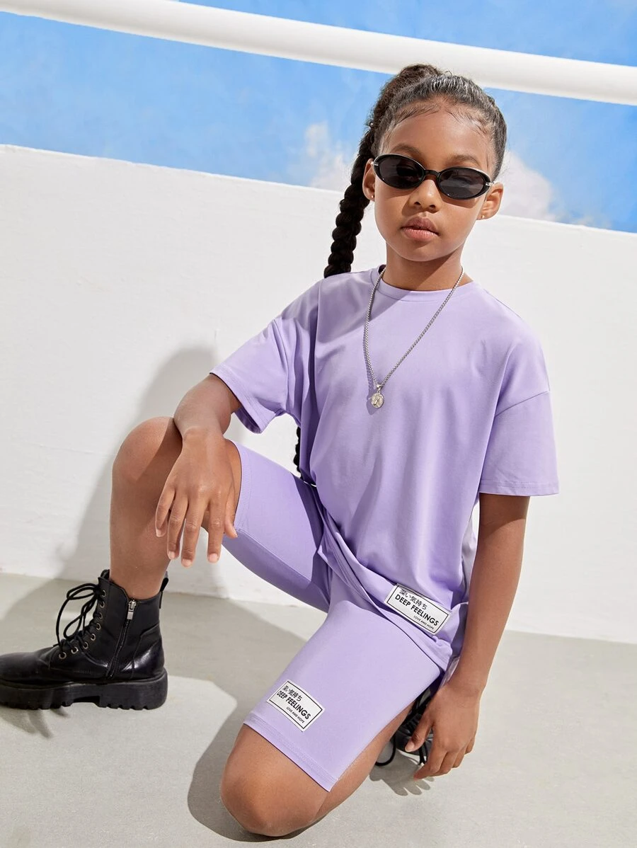 SHEIN Girls Japanese Letter Patched Tee & Biker Shorts | SHEIN USA