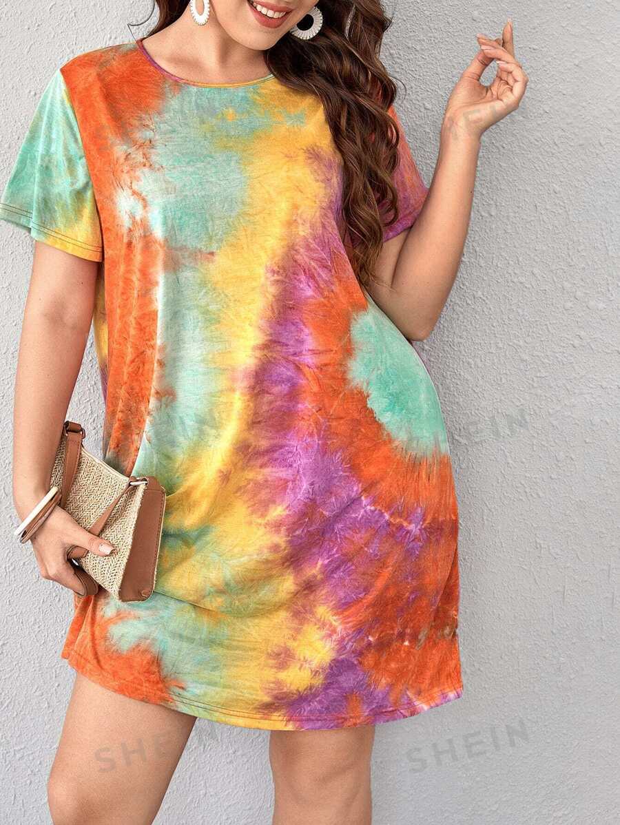 SHEIN Essnce Plus Tie Dye Tee Dress | SHEIN USA