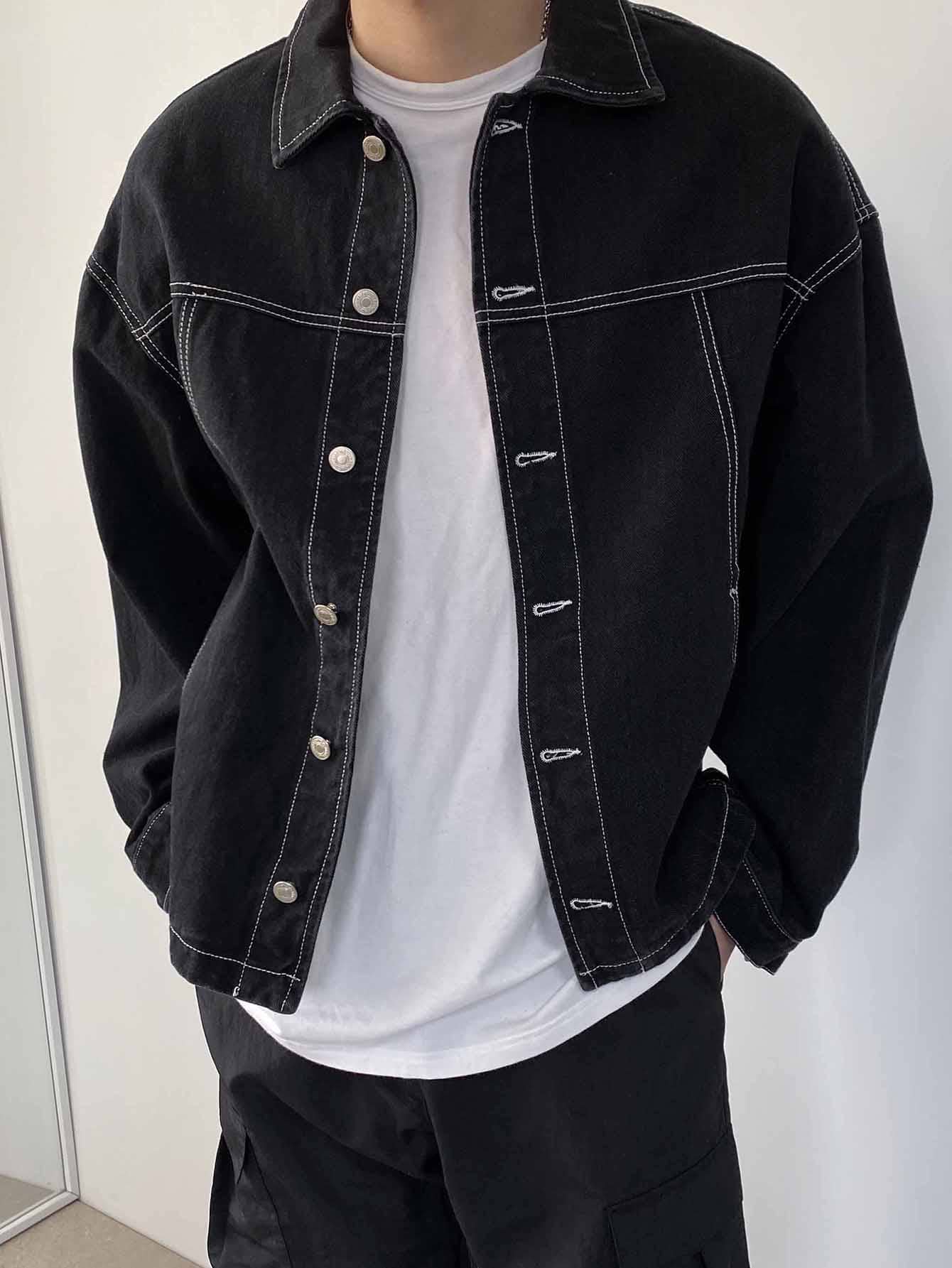 DAZY Men Drop Shoulder Top-stitching Denim Jacket