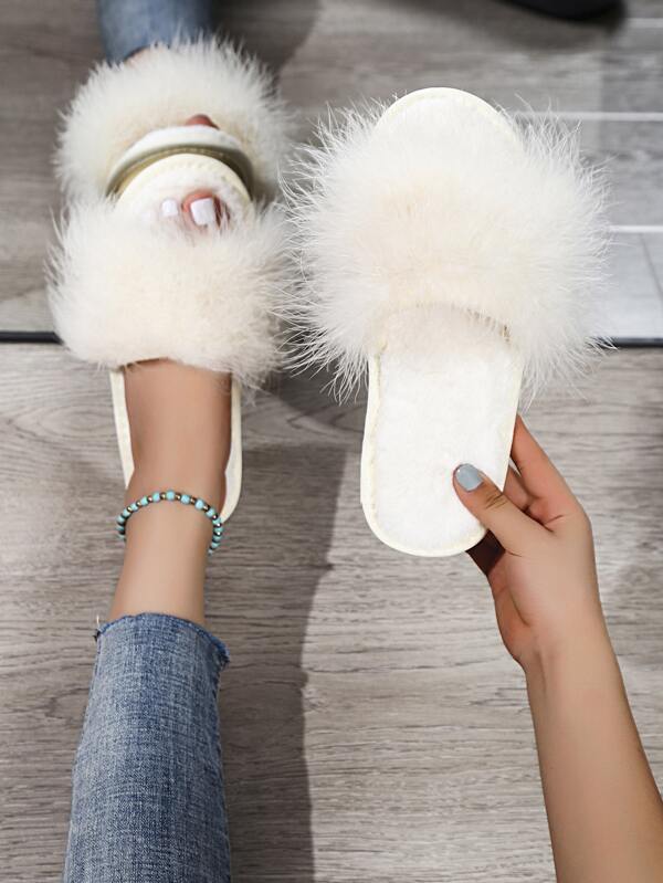 Turkey Feather Minimalist Fuzzy Bedroom Slippers, Party Style Solid ...