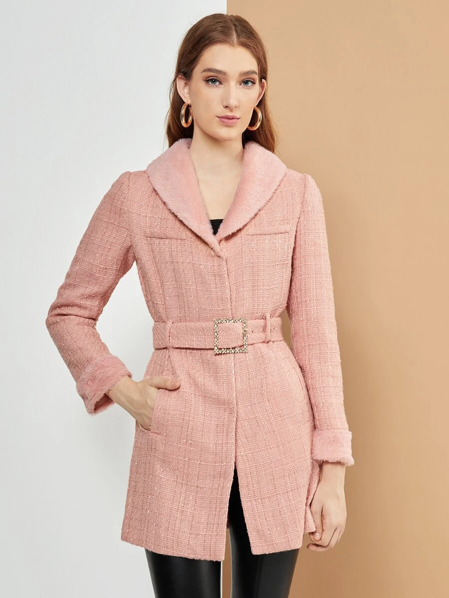 Jacqueline City Borg Collar Belted Tweed Overcoat | SHEIN USA
