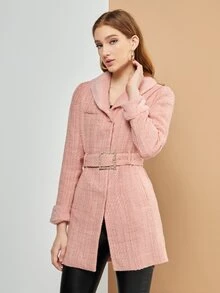 Jacqueline City Borg Collar Belted Tweed Overcoat | SHEIN USA