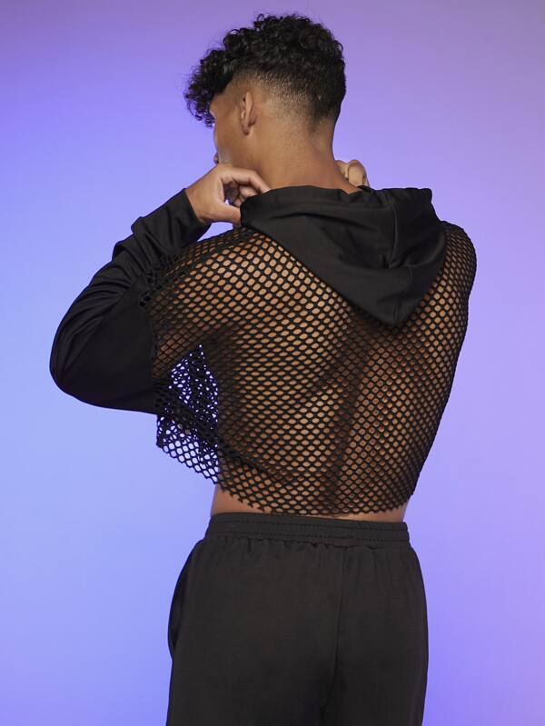Manfinity Fever City Men Fishnet Insert Drawstring Crop Hoodie | SHEIN UK
