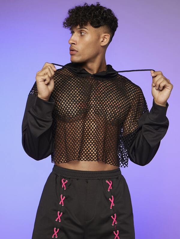 Manfinity Fever City Men Fishnet Insert Drawstring Crop Hoodie | SHEIN UK