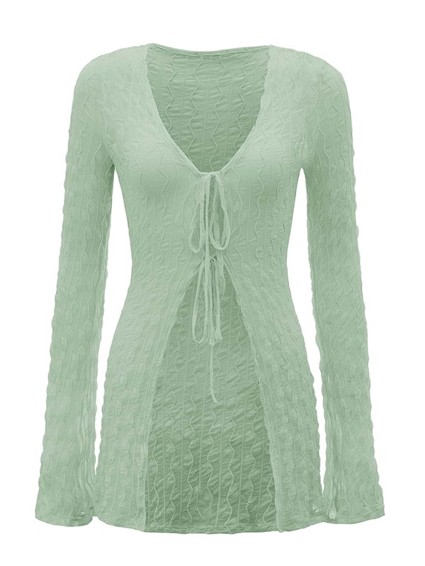 SHEIN ICON 90s Bell Sleeve Tie Front Textured Sheer Top | SHEIN USA