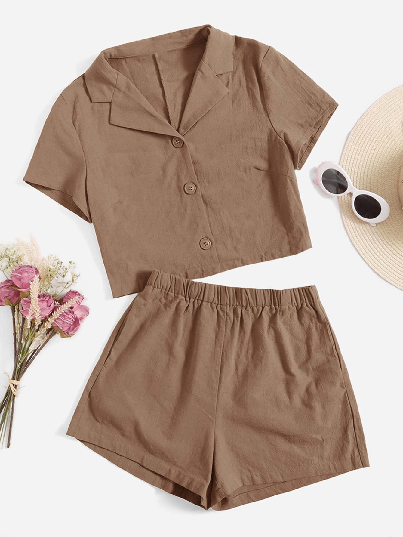 SHEIN EZwear Single Breasted Solid Shirt & Shorts Set | SHEIN USA SHEIN EZwear Single Breasted Solid Shirt & Shorts Set | SHEIN USA