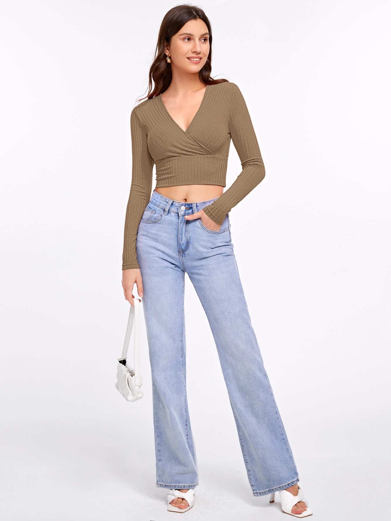 Shein Essnce Crop T Shirt Mit überlappendem Kragen Rippenstrick