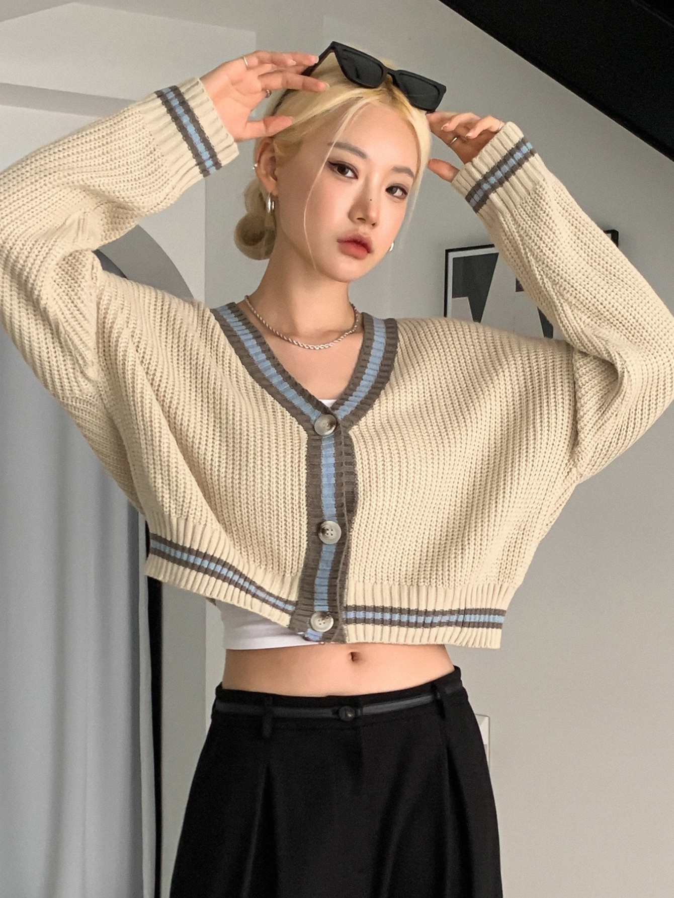 DAZY Striped Trim Drop Shoulder Cardigan