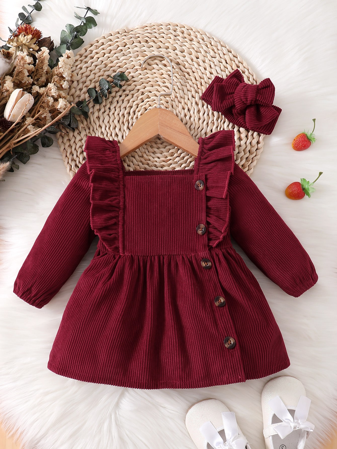 Baby Ruffle Trim Button Up Corduroy Dress With Headband