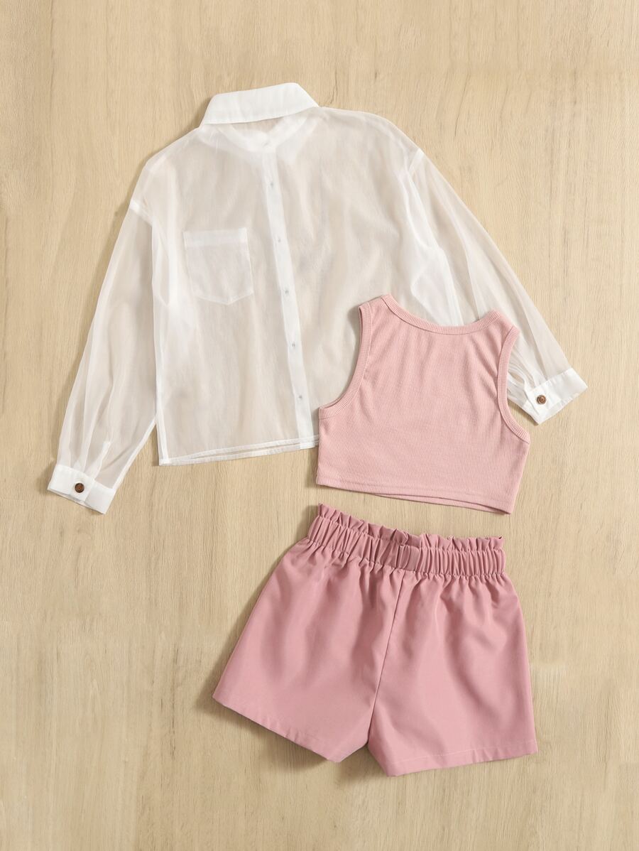 SHEIN Tween Girl Ribbed Knit Tank Top & Patched Pocket Shirt & Paperbag ...