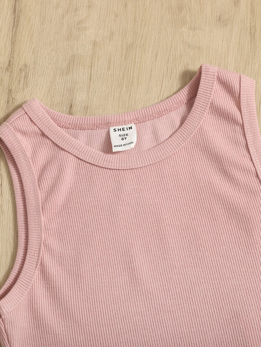 SHEIN Tween Girl Ribbed Knit Tank Top & Patched Pocket Shirt & Paperbag ...