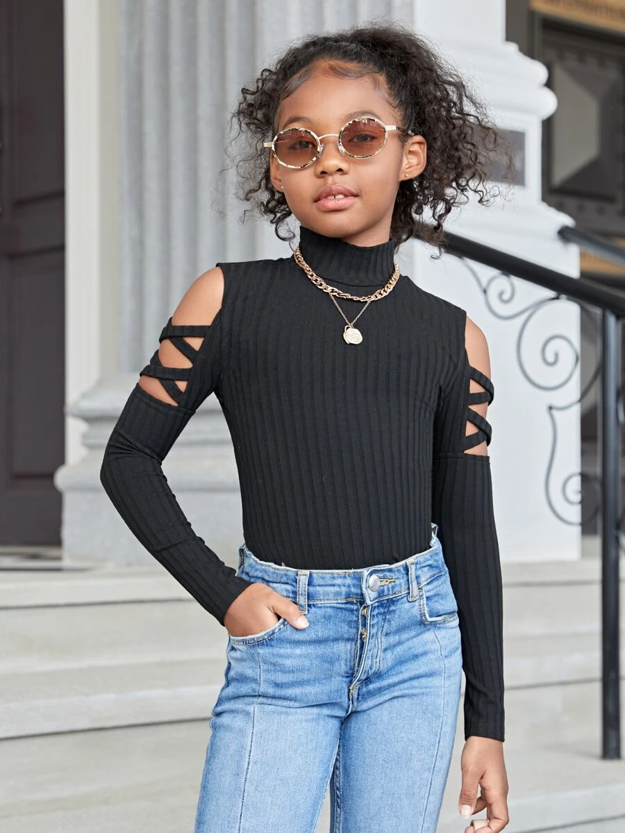 SHEIN Tween Girl Knit Casual Style Base Shirt With High Neck And Cross ...