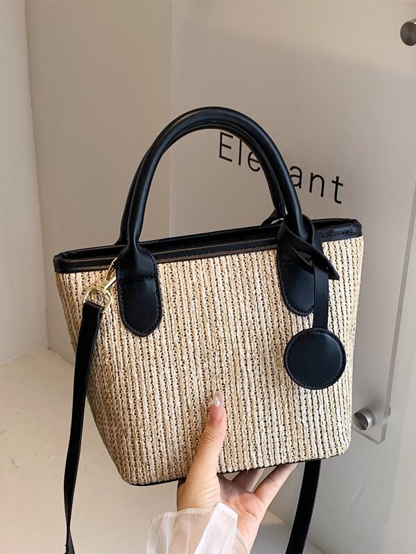Contrast Binding Double Handle Straw Bag | SHEIN USA