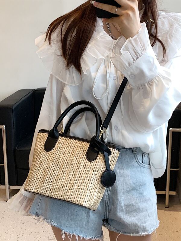 Contrast Binding Double Handle Straw Bag | SHEIN USA