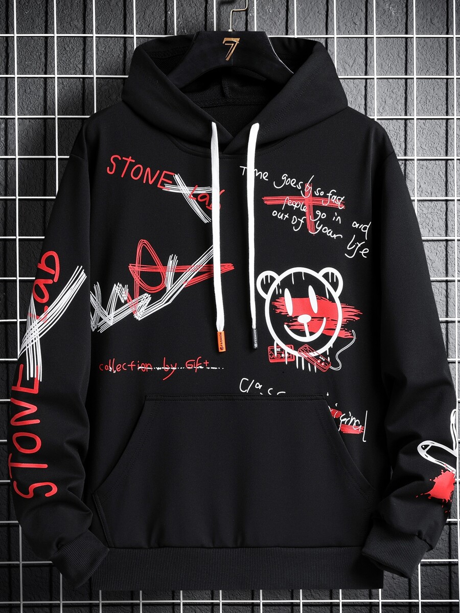Manfinity EMRG Men's Loose Fit Cartoon & Letter Print Hooded Sweatshirt ...