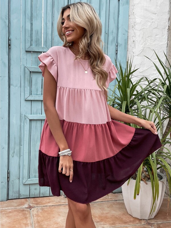 Shein Vcay Color Block Flounce Sleeve Ruffle Hem Chiffon Smock Dress
