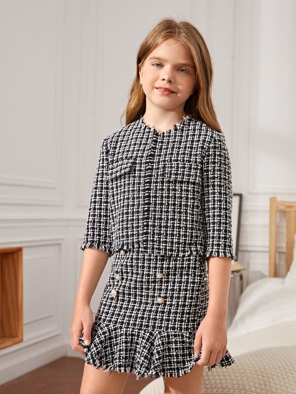 SHEIN Kids FANZEY Girls Plaid Tweed Jacket & Ruffle Hem Skirt | SHEIN USA