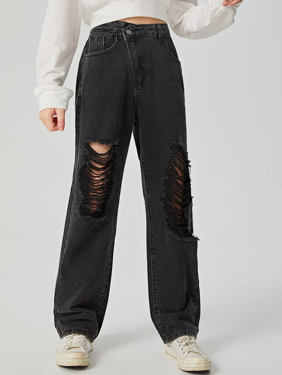 Teen Girls Stepped Waist Ripped Straight Leg Jeans | SHEIN USA