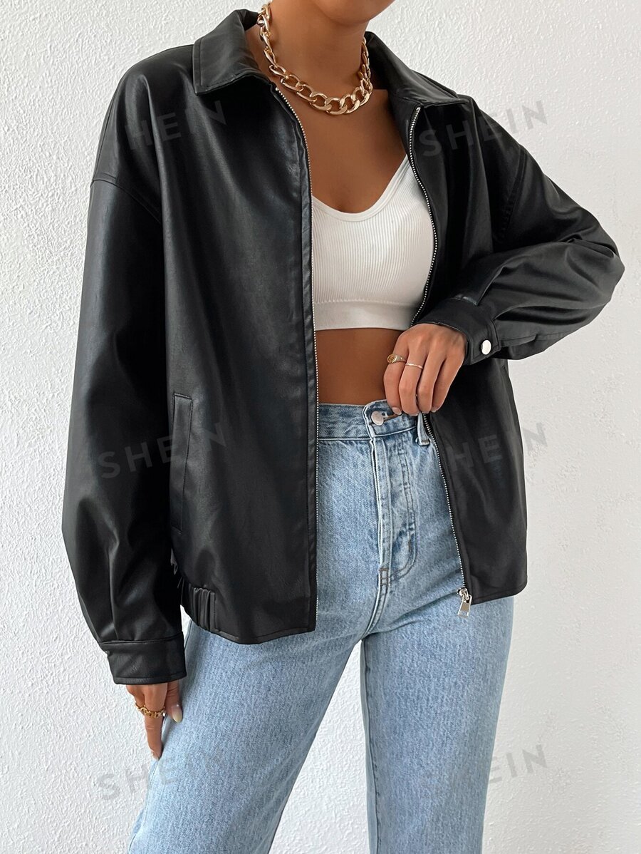 SHEIN EZwear Drop Shoulder Zip Up PU Cropped Leather Jacket | SHEIN USA