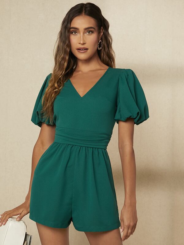 Shein Privé Puff Sleeve Zip Back Ruched Side Romper Shein Usa